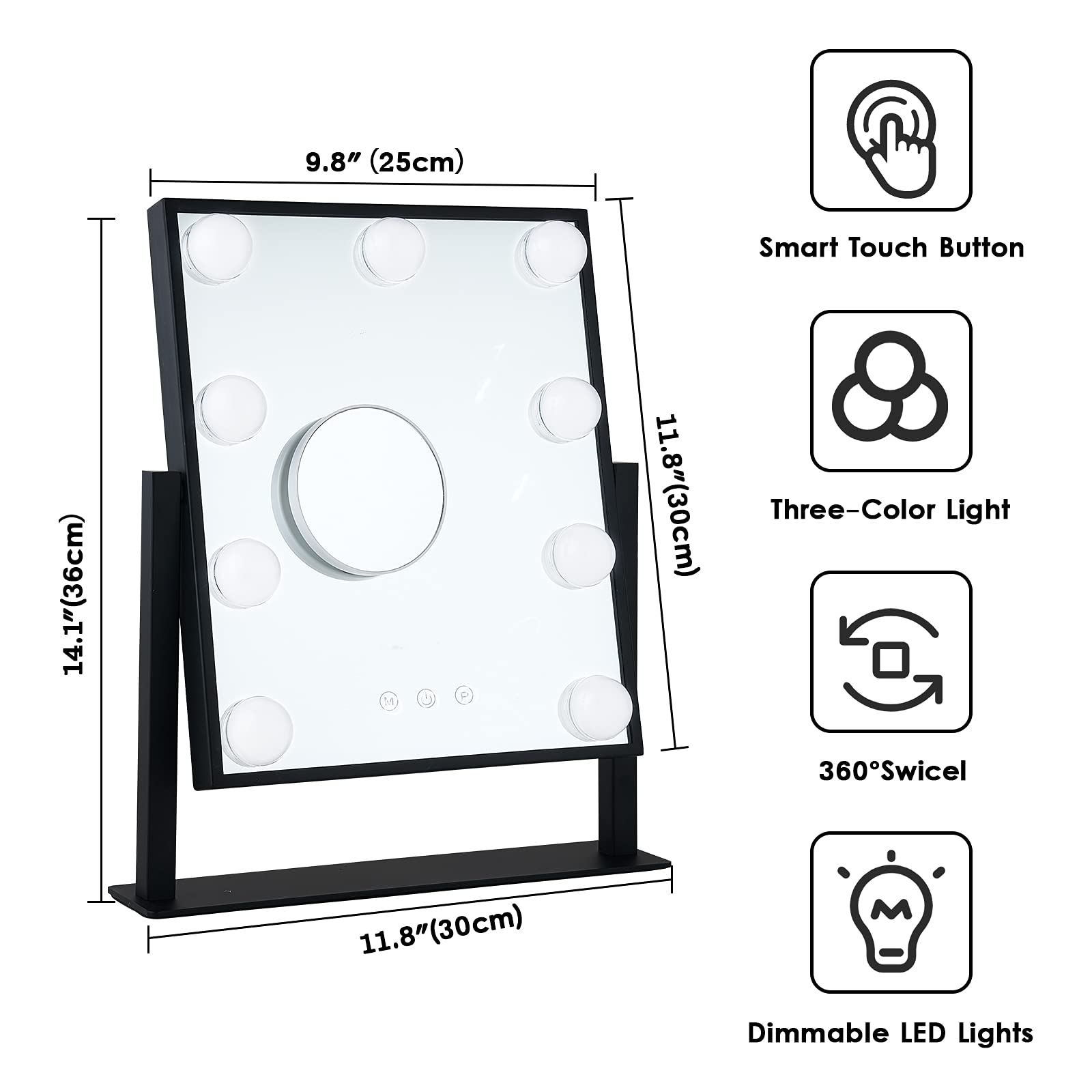 BWLLNI Lighted Makeup Mirror Hollywood Mirror Vanity Mirror with Lights, Touch Control Design 3 Colors Dimable LED Bulbs, Detachable 10X Magnification, 360°Rotation, Black.