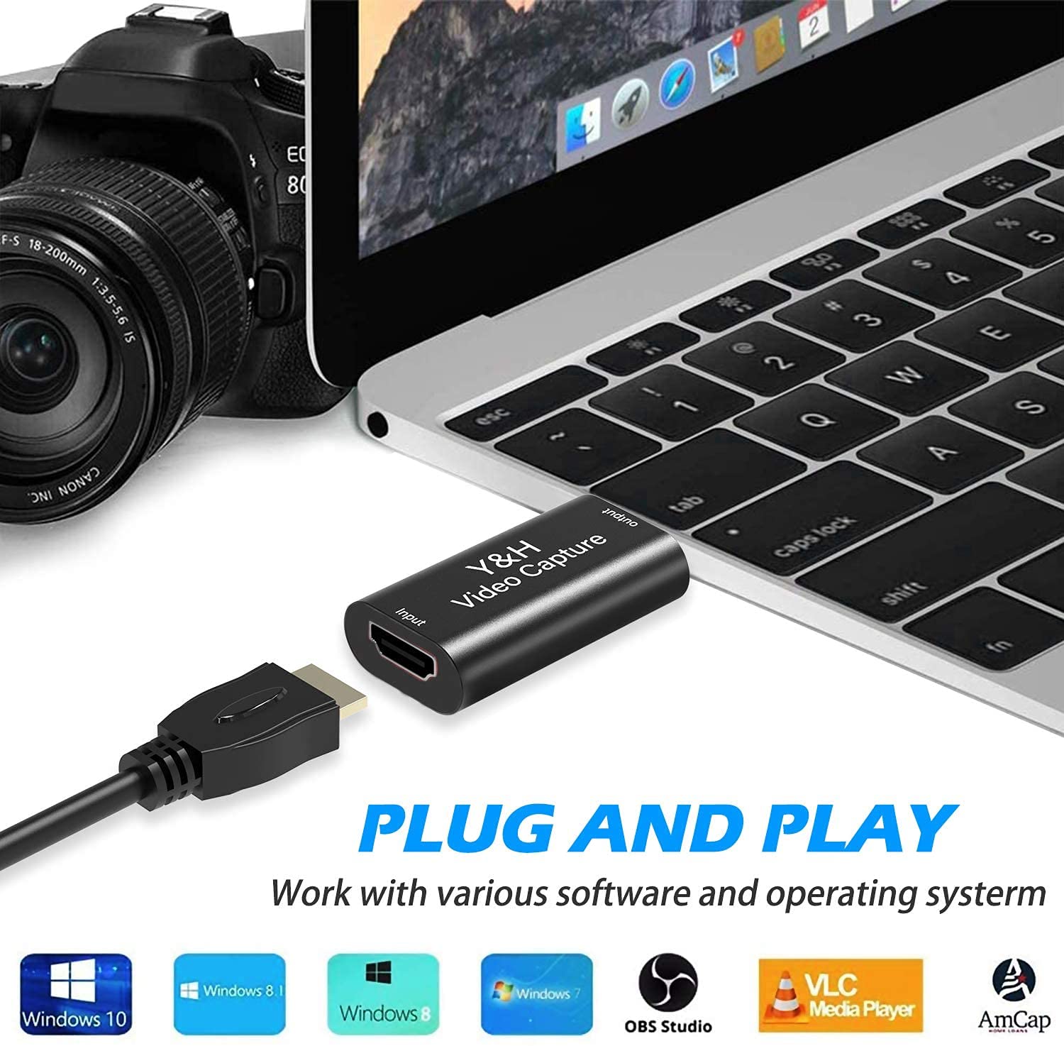 Y&H HDMI Video Capture Card HD 1080P Video Record via DSLR,Camcorder,Action Cam,Support Broadcast Live Streaming
