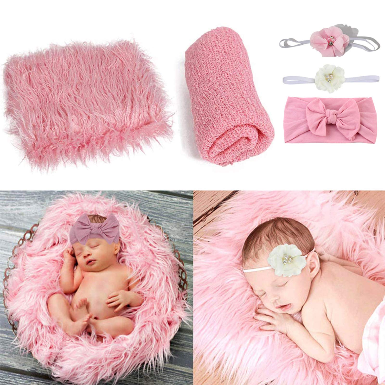 Camidy Newborn Photography Props,5pcs/Set Fluffy Blanket Mat + Ripple Wrap + Headbands Swaddle Wrap Photography Mat Outfits for Infant Boys or Girls Photoshoot Session