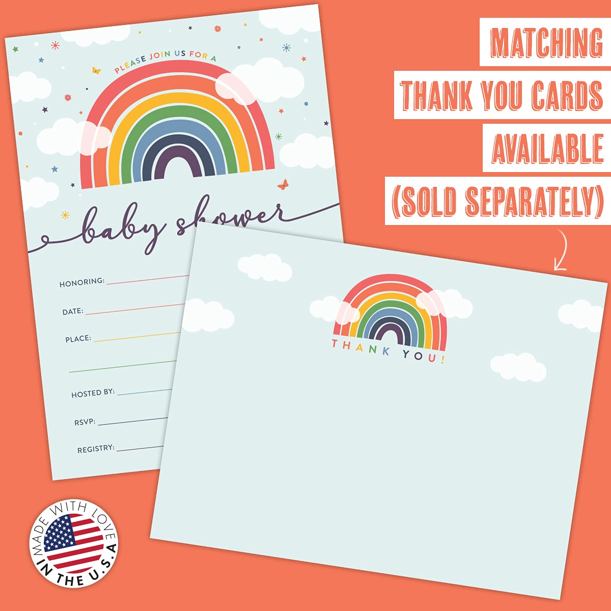 Koko Paper Co Rainbow Baby Shower Invitations and Diaper Raffle Tickets | 25 Fill-in Invitations, 25 Bright White Envelopes and 25 Diaper Raffle Tickets | 75 pcs Total | Printed on Heavy Card Stock.