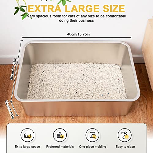3 Pack Stainless Steel Cat Litter Box, Rust Proof Large Metal Cat Box with High Sides Nonstick Litter Pan Safe and Hard for Kitten and Bunny, Easy to Clean (15.7 x 11.8 x 5.9 Inches)
