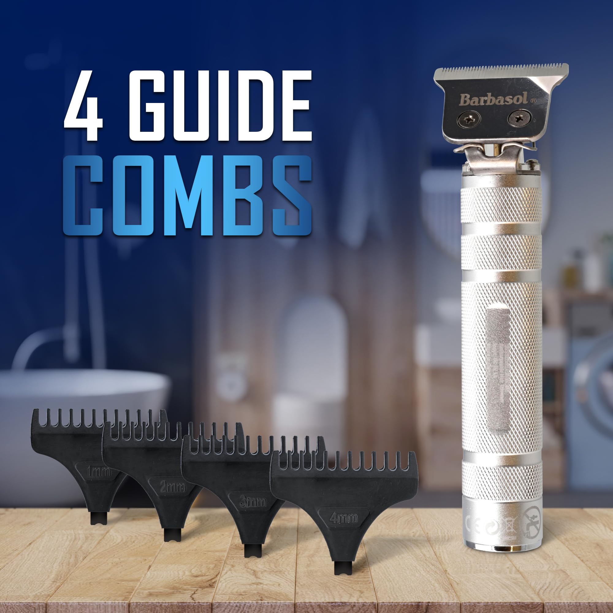 Barbasol Stainless-Steel Rechargeable Zero-Gapped T-Blade Trimmer, Hanging Blade, 3 Guide Combs