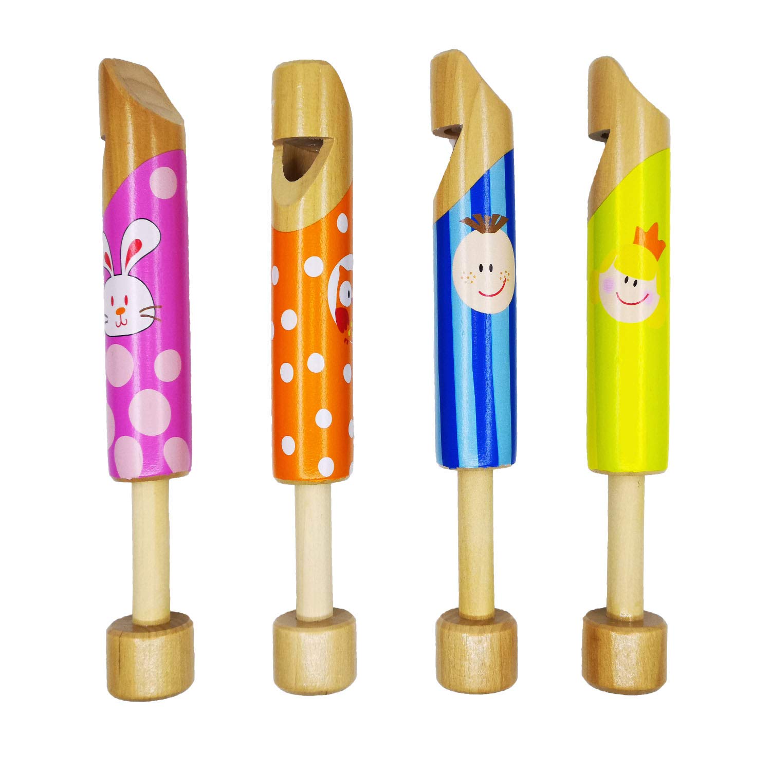 Fartime 4-Piece Set Wood Slide Whistle Toy, Colorful, Lovely Design, Children's Fun Music Toys, 7.5 inches