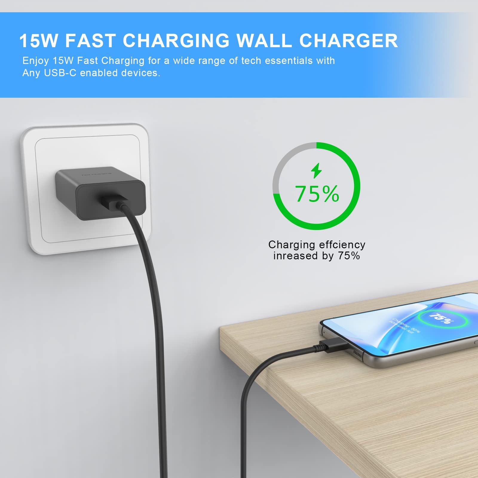 15W USB C Charger, 2 Pack 15W Wall Charger Type C with 6.6ft USB-C Fast Charger Cable Compatible for Galaxy S22/S22+/S22 Ultra/S21/S20/S10/S9/S8, Note 20/Note 10, Z Fold3 and More