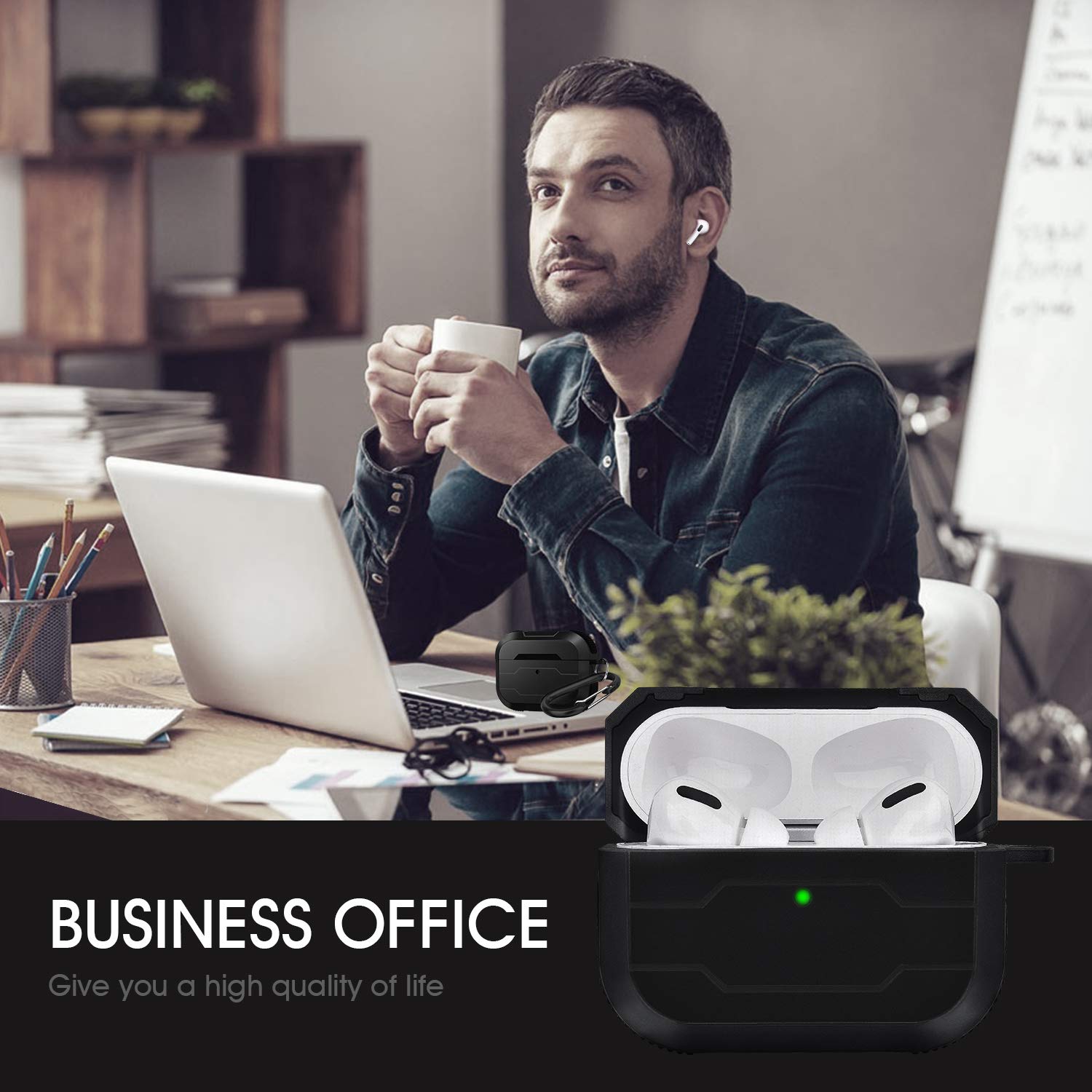 AirPods Pro Case Cover, Shock-Resistant Military Protective Men AirPod Pro Cases Accessories with Metal Carabiner Keychain, Designed for Apple AirPods Pro Wireless Charging Case (Black)