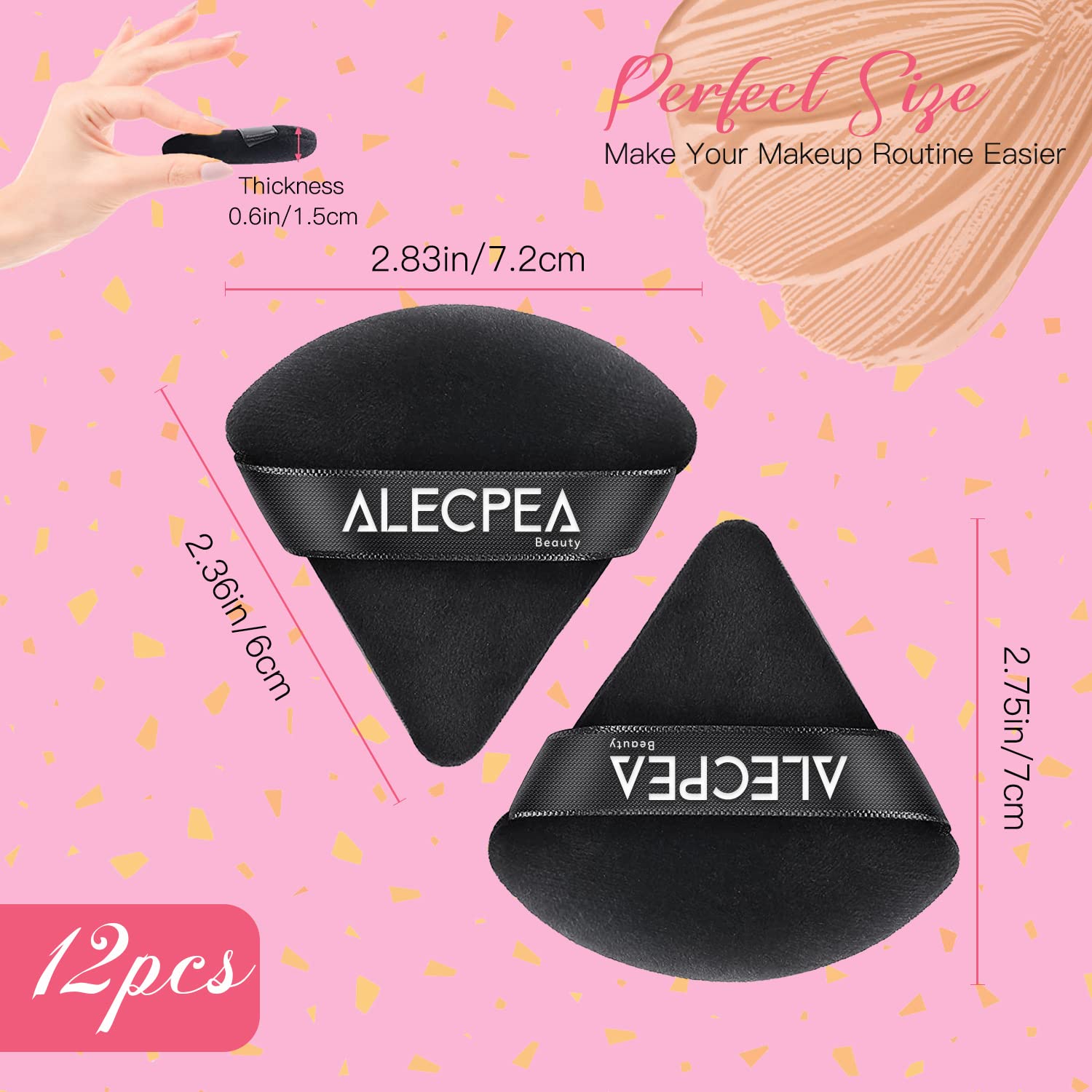 12 Pcs Velour Makeup Powder Puff, ALECPEA Triangle Powder Puff for Loose Powder Cosmetic Foundation Beauty Blender Sponge Makeup Tools for Contouring, Under Eyes and Corners - 2.76inch, Black