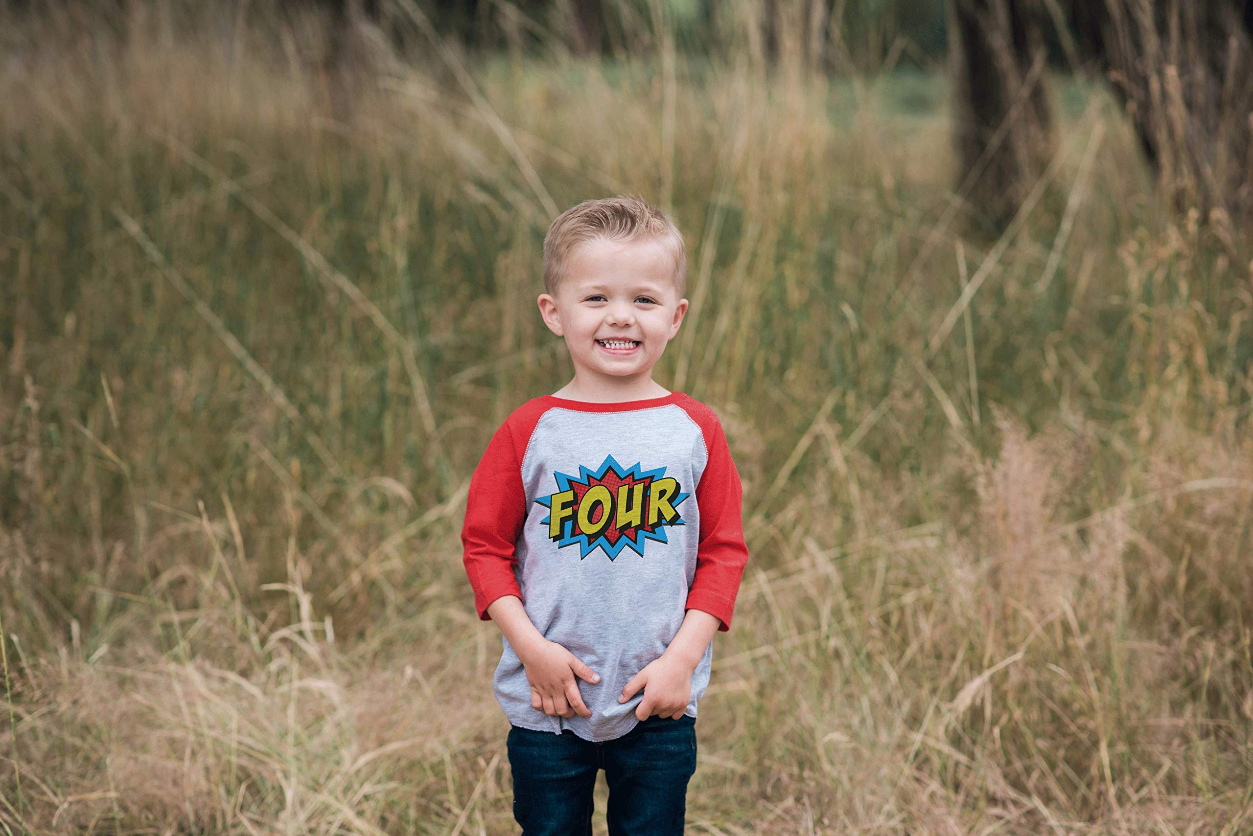 7 ate 9 Apparel Boy's Birthday Four 4 Fourth 4th Superhero Red Raglan 4T