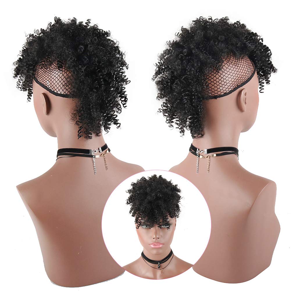 Aisaide High Puff Afro Mohawk Ponytail with Bangs No Drawstring,Short Kinky Curly No Drawstring Ponytail Extension,Synthetic Clip in Mohawk Ponytail Bun with Bangs,Wrap Updo Clip in Hair Extensions