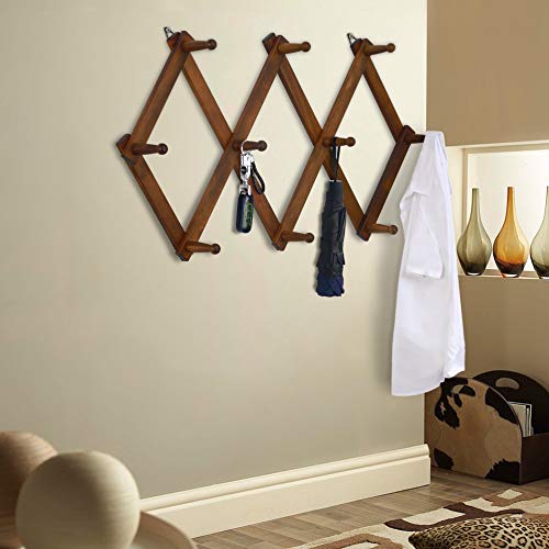 Dseap Accordian Wall Hanger: 16β High Wooden Wall Expandable Coat Rack, Hat Rack Holder, Accordion Hook for Baseball Caps, Coats, Mugs, 10 Peg Hooks, Brown