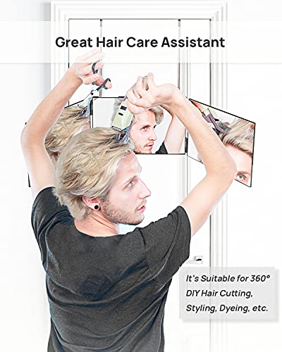 OMIRO Door Mount 3 Way Mirror for Hair Cutting, 360 Trifold Self Haircut Mirror with Adjustable Telescoping Hooks, Multi-Functional for Makeup and Travel