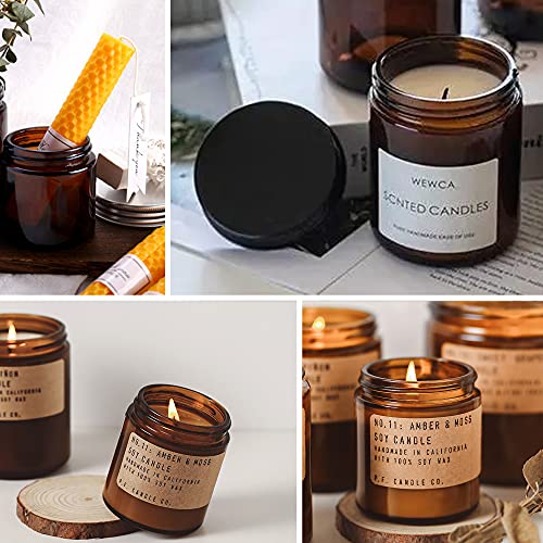 Homerove 4oz Amber Round Glass Jars with Black Lids and White Inner Liners, Empty Cosmetic Containers for Beauty Products(Set of 15 Pack and Attached with Labels and Spoons)