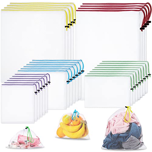 28 Pieces Reusable Mesh Produce Bags Toy Storage Organization Mesh Bags Multiple Sizes Mesh Drawstring Bag Washable Reusable Vegetable Bags Toy Storage Bags for Toys Fruits Vegetable (Bright Colors)