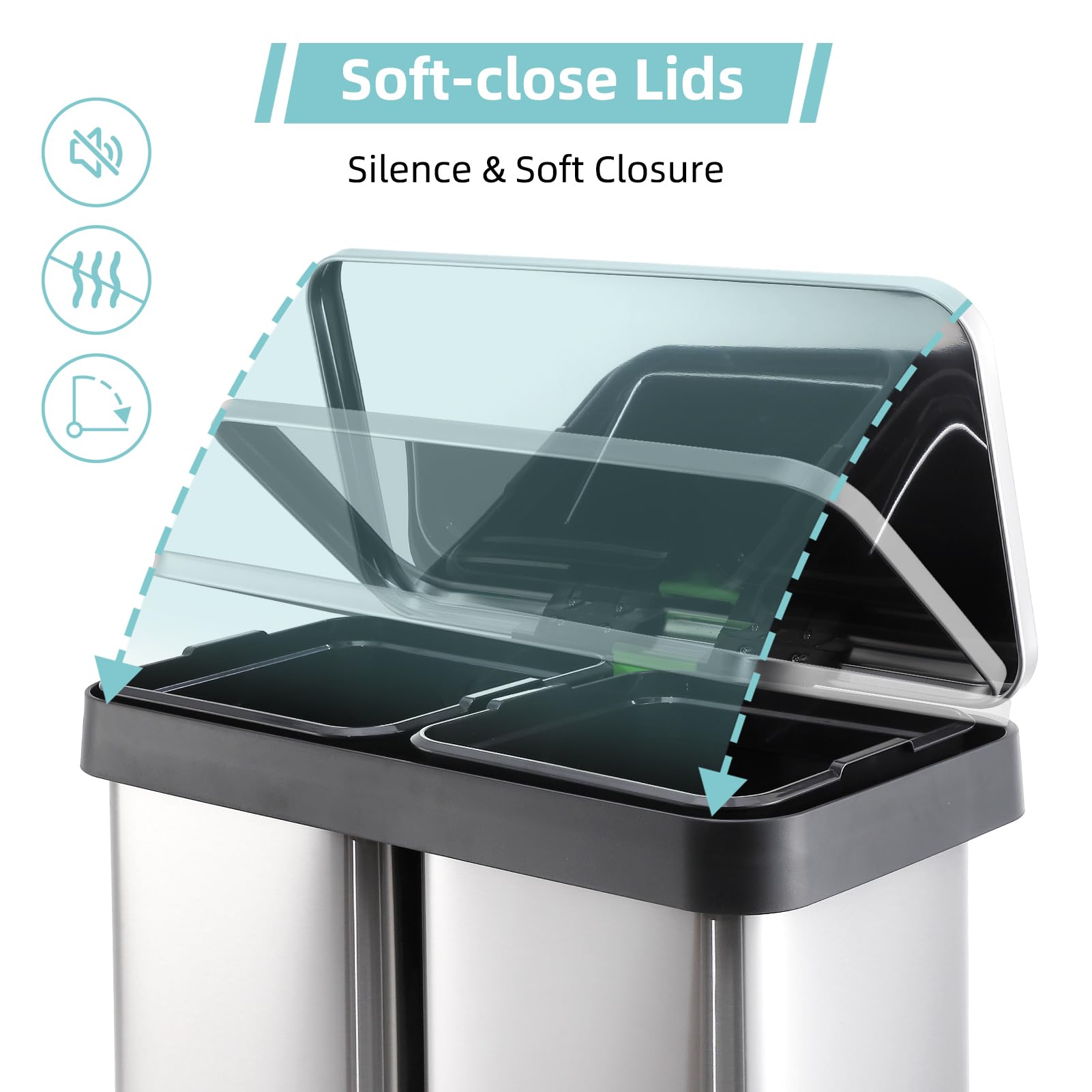 16 Gallon Kitchen Trash Can, Dual Compartment for Recycling and Trash, Without Inner Bucket, Wide Stainless Steel Shape (8 + 8 for 16 Gallon Total)
