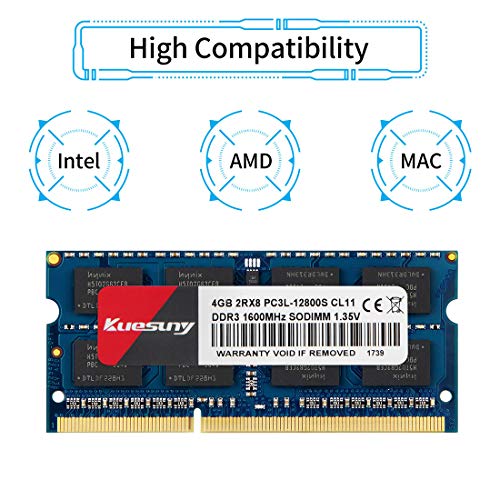 Kuesuny 8GB Kit (2 x 4GB) DDR3-1600 SODIMM, DDR3L PC3-12800 CL11 Non ECC Unbuffered 204-Pin 1.35V/1.5V 2RX8 SO-DIMM Notebook Laptop RAM Memory