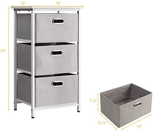 ARLIME Vertical Dresser Storage, 3-Drawer Fabric Dresser Storage Tower with MDF Top and Metal Frame, Easy Pull Storage Chest, Storage Drawer Unit for Bedroom, Hallway, Nursery Room (Grey)
