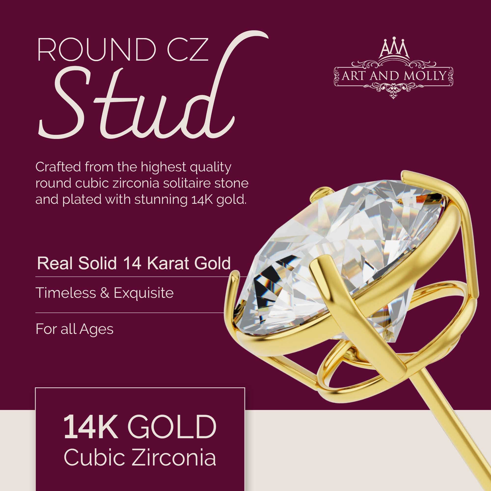 14k Yellow Gold Solitaire Made with Genuine Cubic Zirconia Round Stud Earrings (5mm)