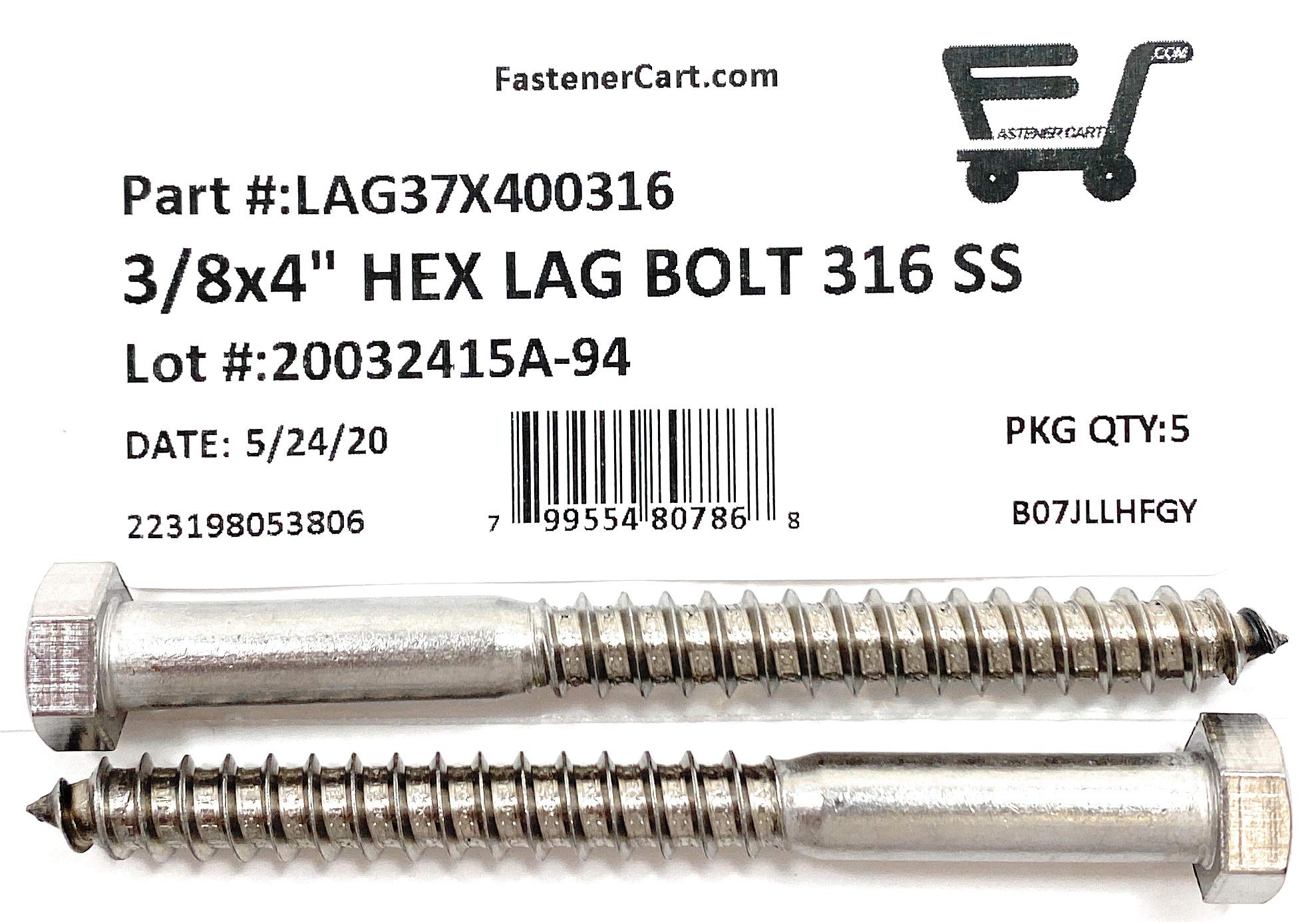 3/8 x 4 316 Stainless Steel Hex Head Lag Bolts Lag Screws Marine Grade (5 Pieces)