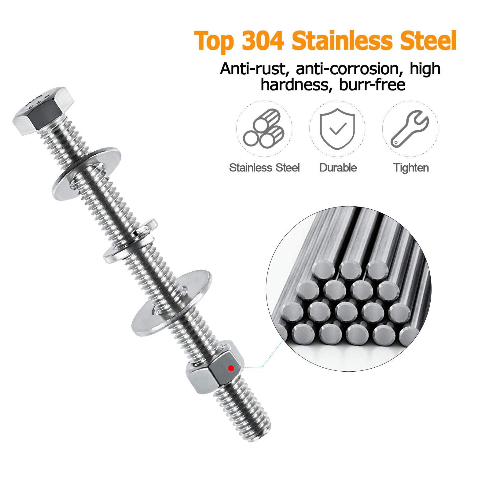 3/8-16x4 Stainless Steel Hex Head Screws Bolts, Nuts, Flat & Lock Washers Kits, 304 Stainless Steel 18-8,Fully Threaded,4 Sets