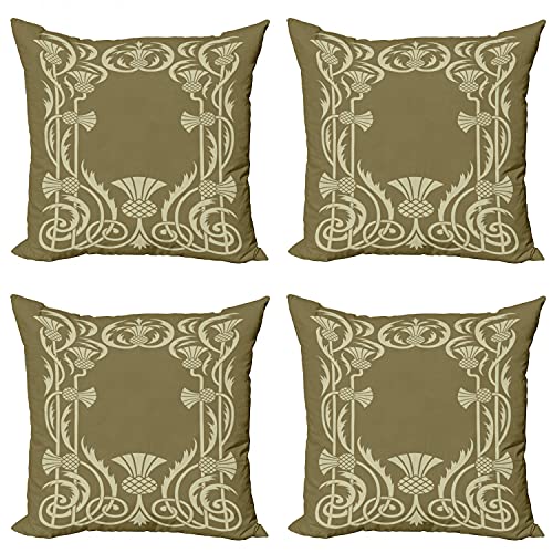 Ambesonne Art Nouveau Throw Pillow Cushion Case Pack of 4, Floral Border with Tropical Pineapple Fruits Leaves Retro Style Swirls, Modern Accent Double-Sided Digital Printing, 20", Sepia Sage Green