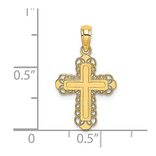 14k Yellow Gold Cross w Solid Center and Lace Trim Charm Pendant - 17mm x 13mm