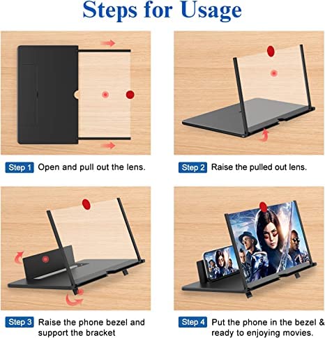 12 inch Screen Magnifier, 3D Smart Mobile Phone Screen Amplifier with Foldable Holder Stand for Any Smart Phone to Watch Your Movies and Videos, Black, F3