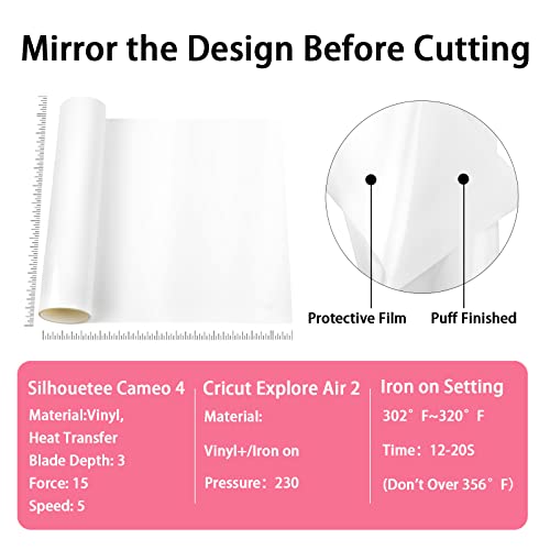 AHIJOY Puff Vinyl Heat Transfer White 10" x 6FT 3D Foaming Heat Press Iron on Vinyl for T Shirt Garment Fabric Clothing