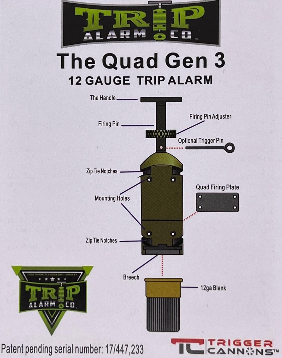 12 Gauge Trip Wire Alarm by Trip Alarm Co. Perimeter Defense Device 360° Coverage Quad 3.0, Camping and Security (Desert Brown)