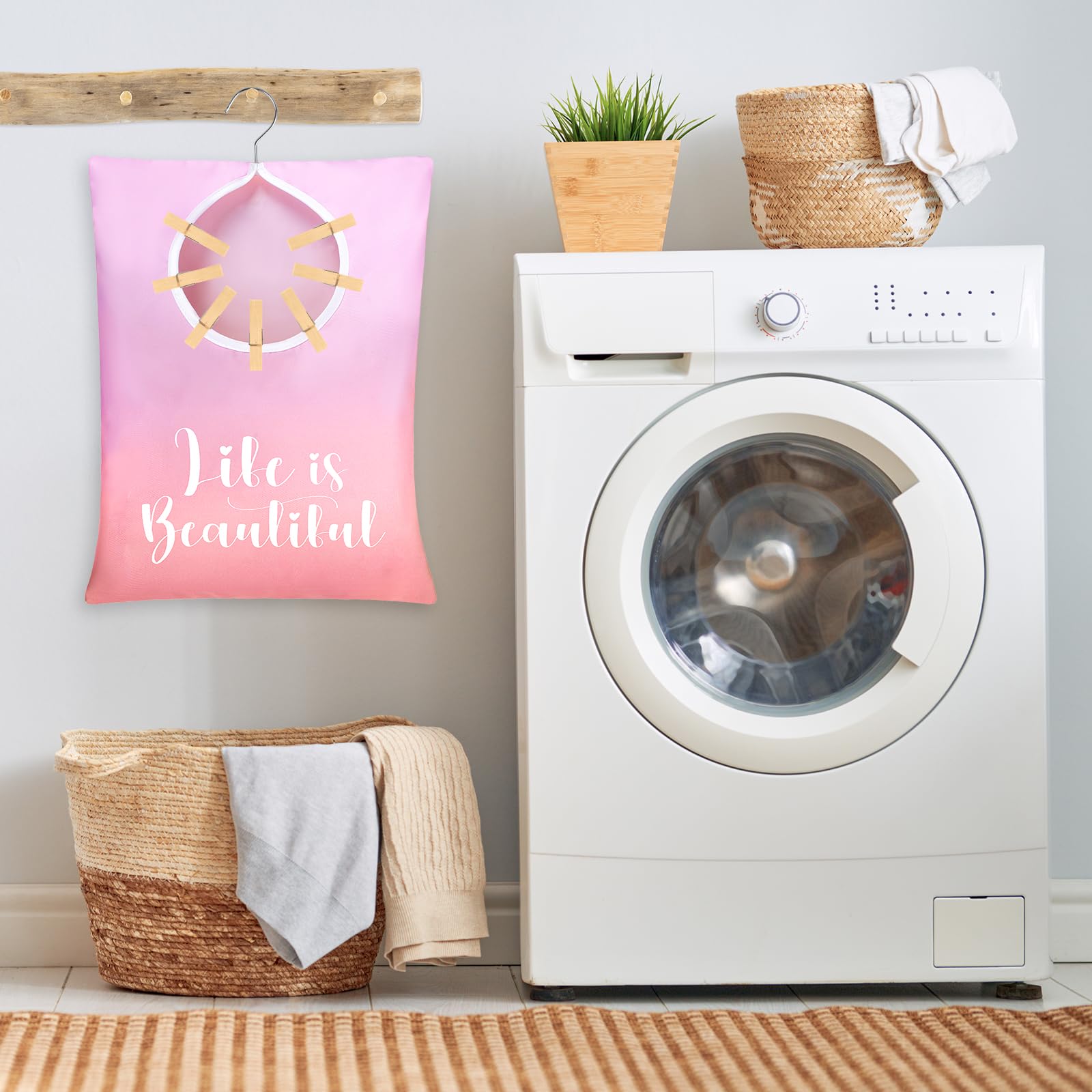 2 Pcs Clothes Pin Hanging Bag Boho Clothes Pin Bag with Hanging Hook 15 X 11 Inch Boho Clothes Pin Bag Laundry Canvas Clothes Pin Holder Waterproof Clothespin Bag Storage Organizer (Pink+Blue)