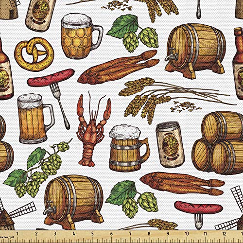 Ambesonne Oktoberfest Fabric by The Yard, Beer Making Elements Hops Wheat Pretzels Lobster Festival Menu Country Theme, Decorative Fabric for Upholstery and Home Accents, 1 Yard, Brown