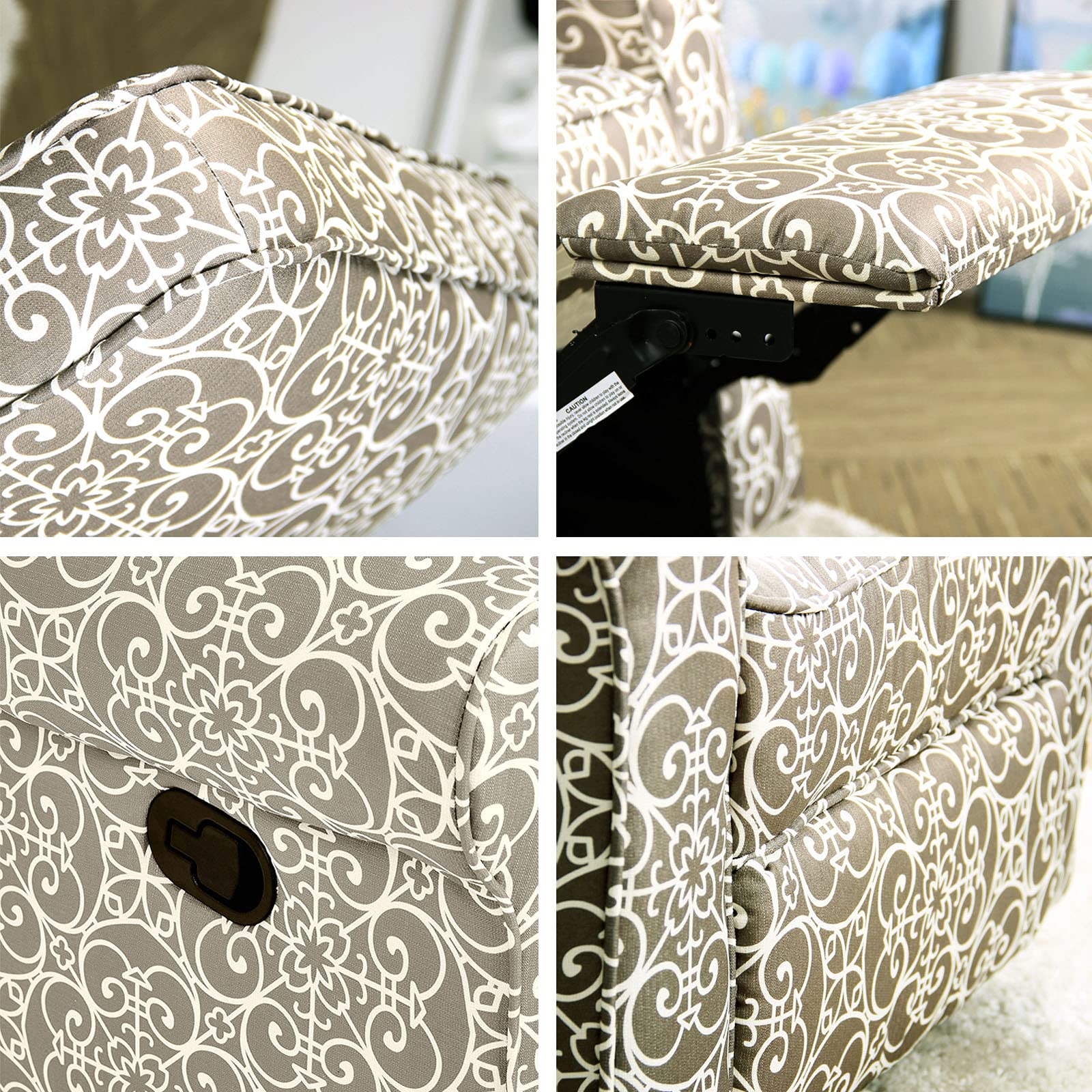 JC HOME Menet Swivel Glide Recliner with Fabric Upholstery in a Scrollwork Print, Doodles Ash