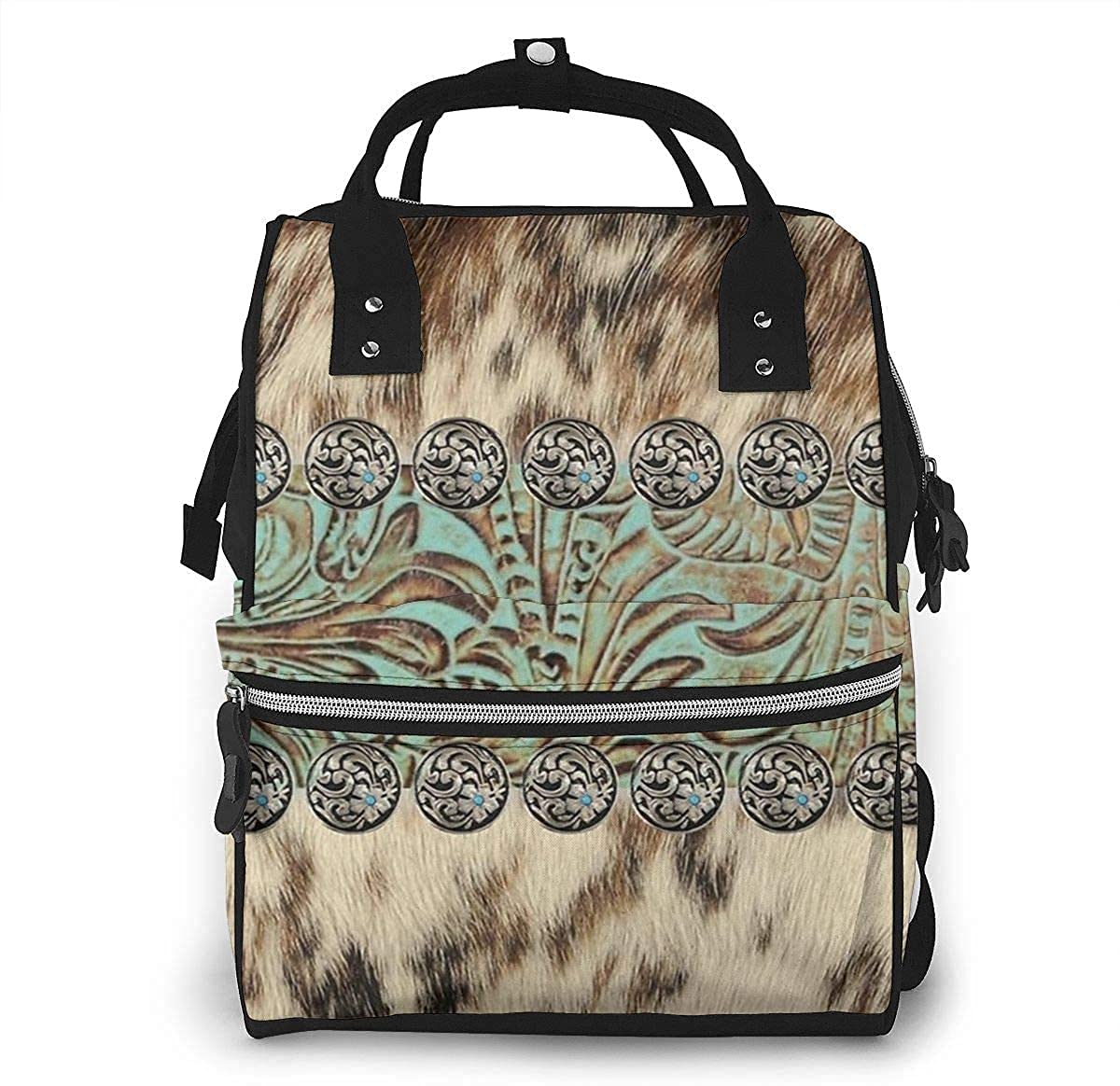 Multifunction Diaper Bag Rustic Brown Teal Western Country Tooled Leather Waterproof Large Capacity Baby Mummy Backpack Maternity Travel Nappy Bags for Mom Durable Stylish Tote Shoulder Bag