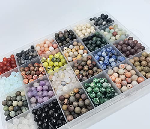 1200pcs 6mm Natural Round Stone Beads Gemstone Beading Loose Gemstone Beads Hole Size 1mm DIY Smooth Beads for Bracelet Necklace Earrings Jewelry Making,Box Packed (24 Material -2,6mm)
