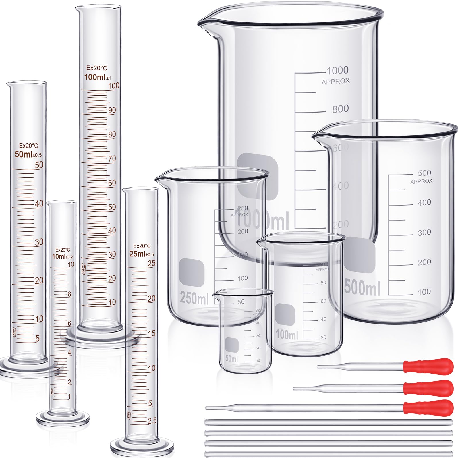 Glass or Plastic Graduated Cylinder Beaker Set, Thick Lab Cylinders (10 ml, 25 ml, 50 ml, 100 ml), Beaker (50 ml, 100 ml, 250 ml, 500 ml, 1000 ml) with 3 Dropper 4 Stirring Rod 7.9 Inch(Glass)
