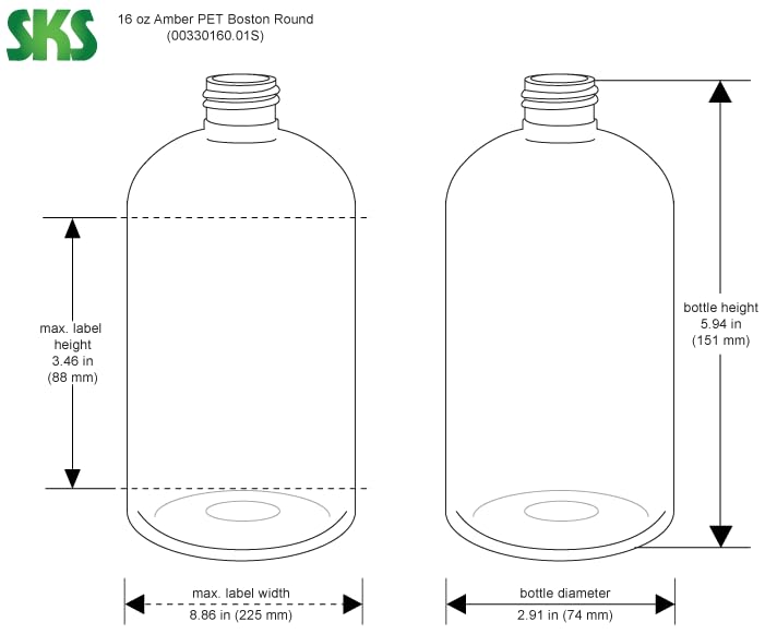 16 oz Amber PET Boston Rounds (Bulk), Caps NOT Included