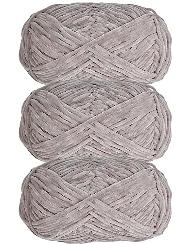 3 PCS 120g Soft Chenille Yarn Velvet Yarn for Crocheting,Fluffy Yarn for Knitting and Croche DIY Craft,Warm Yarn for Bag Hat Scarve Clothe Gloves Slippers Doll(Grey)
