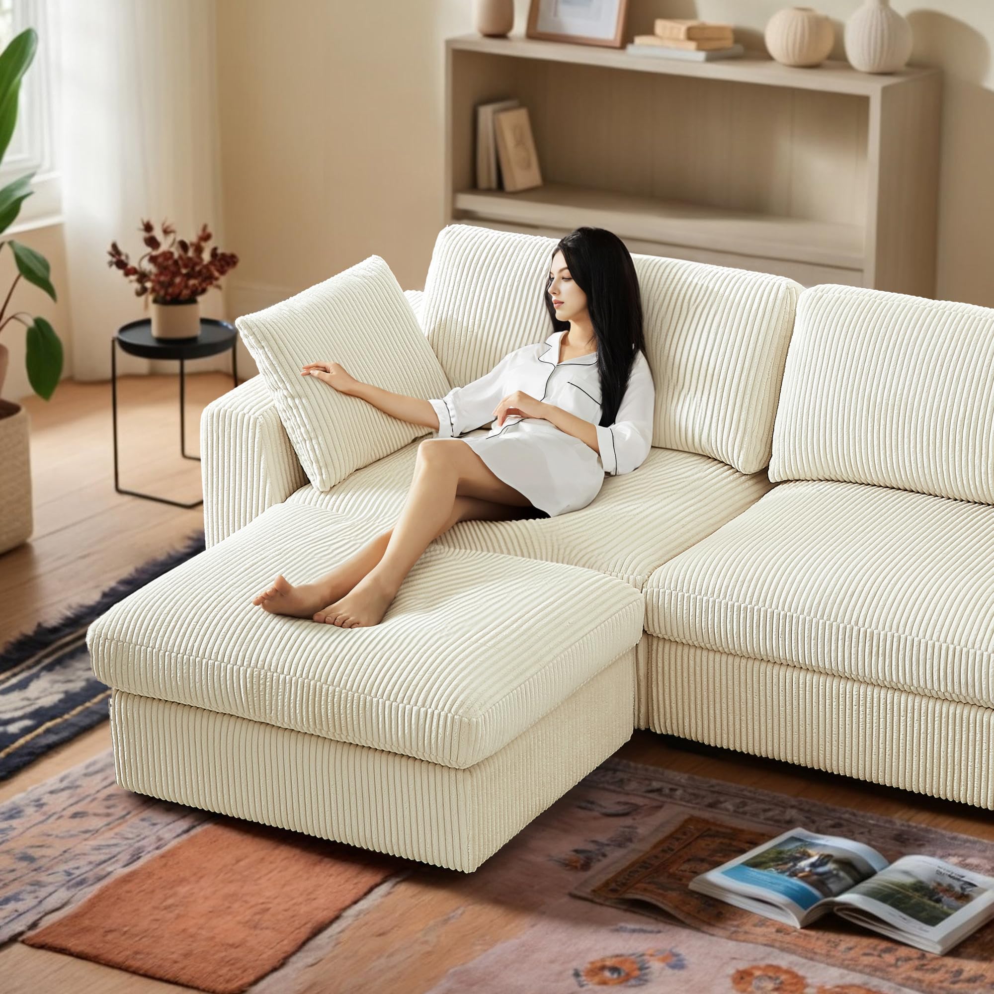 130" Oversized Sectional Sofa,Ultra-Soft L Shaped Couch for Living Room,Cloud Modular Sofa Couch with Zipper Back&Seat Cushion,Deep 4 Seat Sofa Sleeper with Movable Ottoman and Two Pillows(Beige)