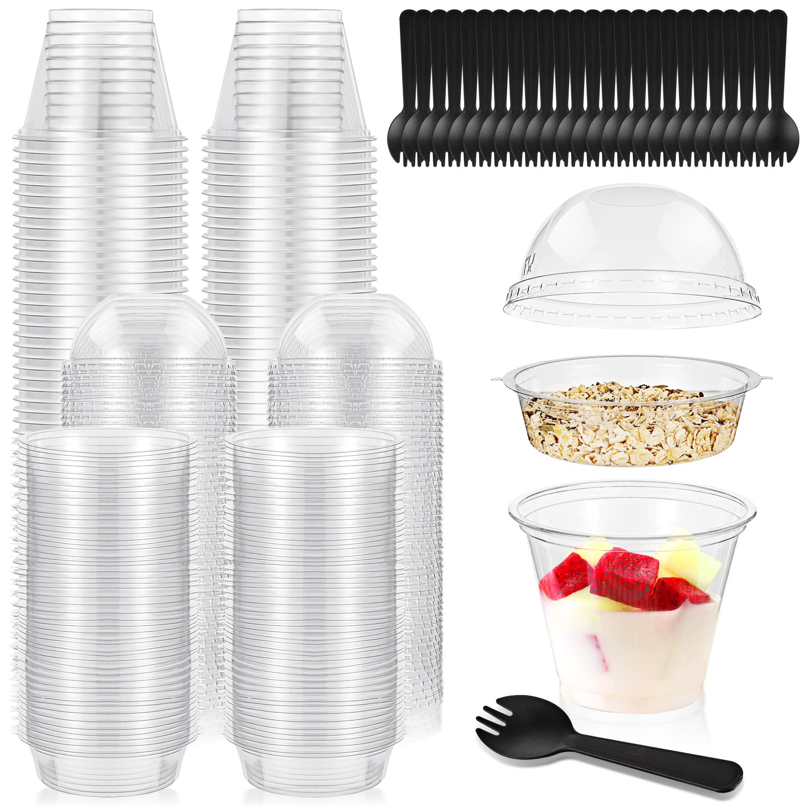 150 Sets 9 oz Clear Plastic Parfait Cups with Lids Mini Dessert Cups with Spoons No Hole and Insert Disposable Yogurt Container Cups with Dome Lids for Yogurt Fruit Cereal Oatmeal Pudding Ice Cream