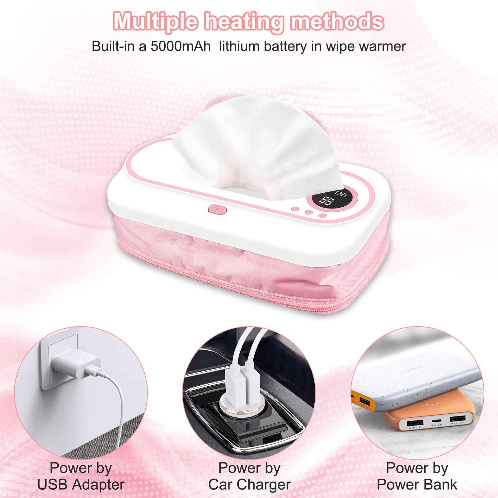 Portable Wipe Warmer, Baby Wipes Dispenser with 2 Modes of Temperature Heating Control, BPA-free Smart Led Display Baby Diaper Wipe Warmer for outdoor&indoor, without charging Can Last 4 Hours