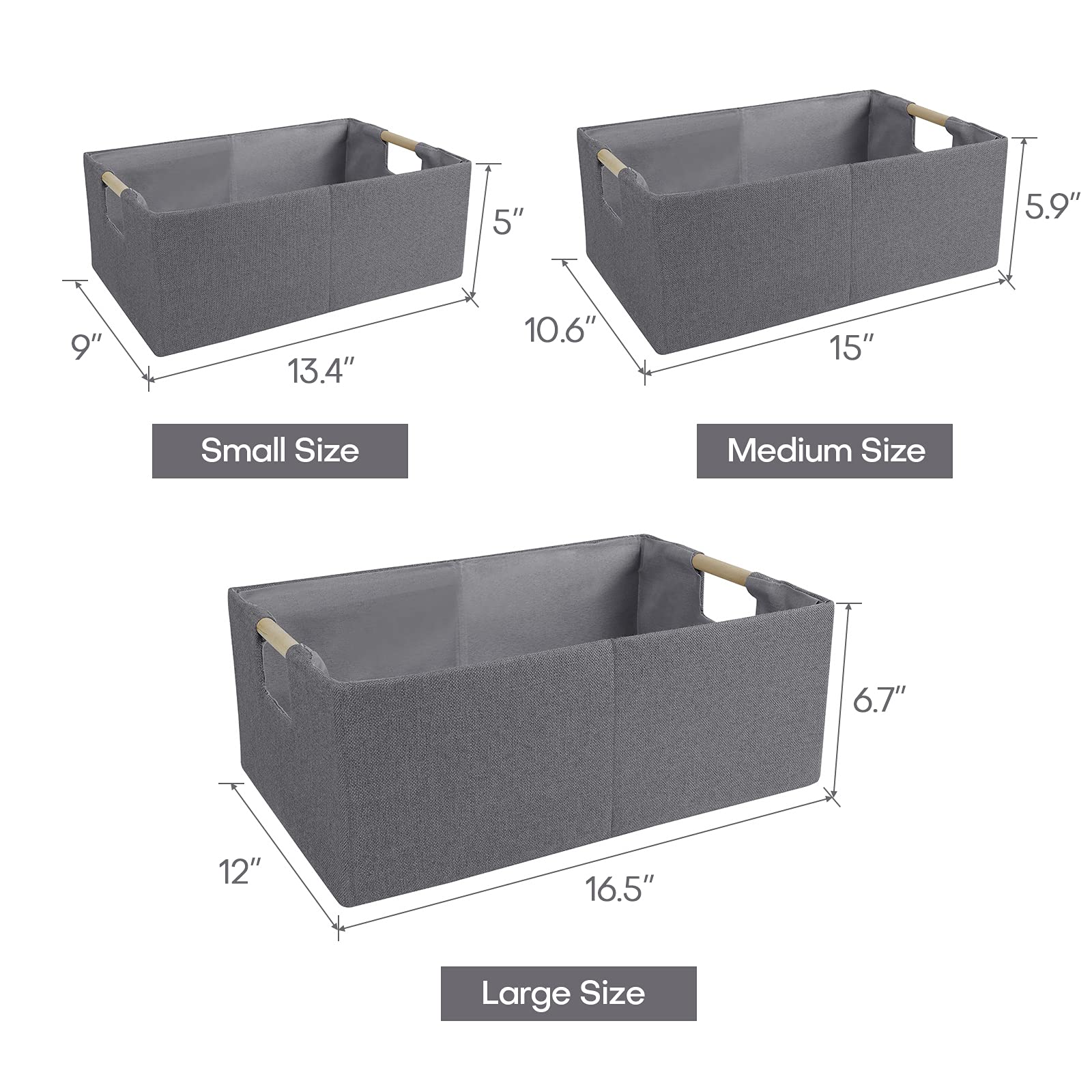 ANMINY 4PCS Storage Baskets for Organizing Collapsible Fabric Storage Bins Boxes with Wood Handles Closet Shelves Cube Organizer Bins Clothes Laundry Storage Container - Large, Gray