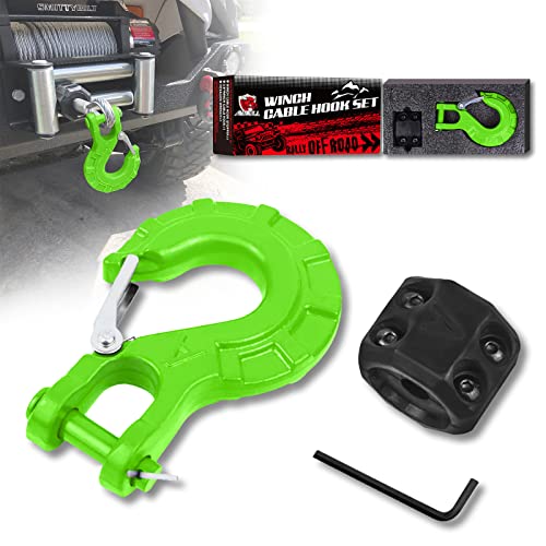 AMBULL Heavy Duty Forged Steel 3/8" Grade 70 Safety Latch Winch Cable Hook Stopper & Clevis Slip Hook Sets, Included Allen Wrench,Max 35,000 lbs, Green