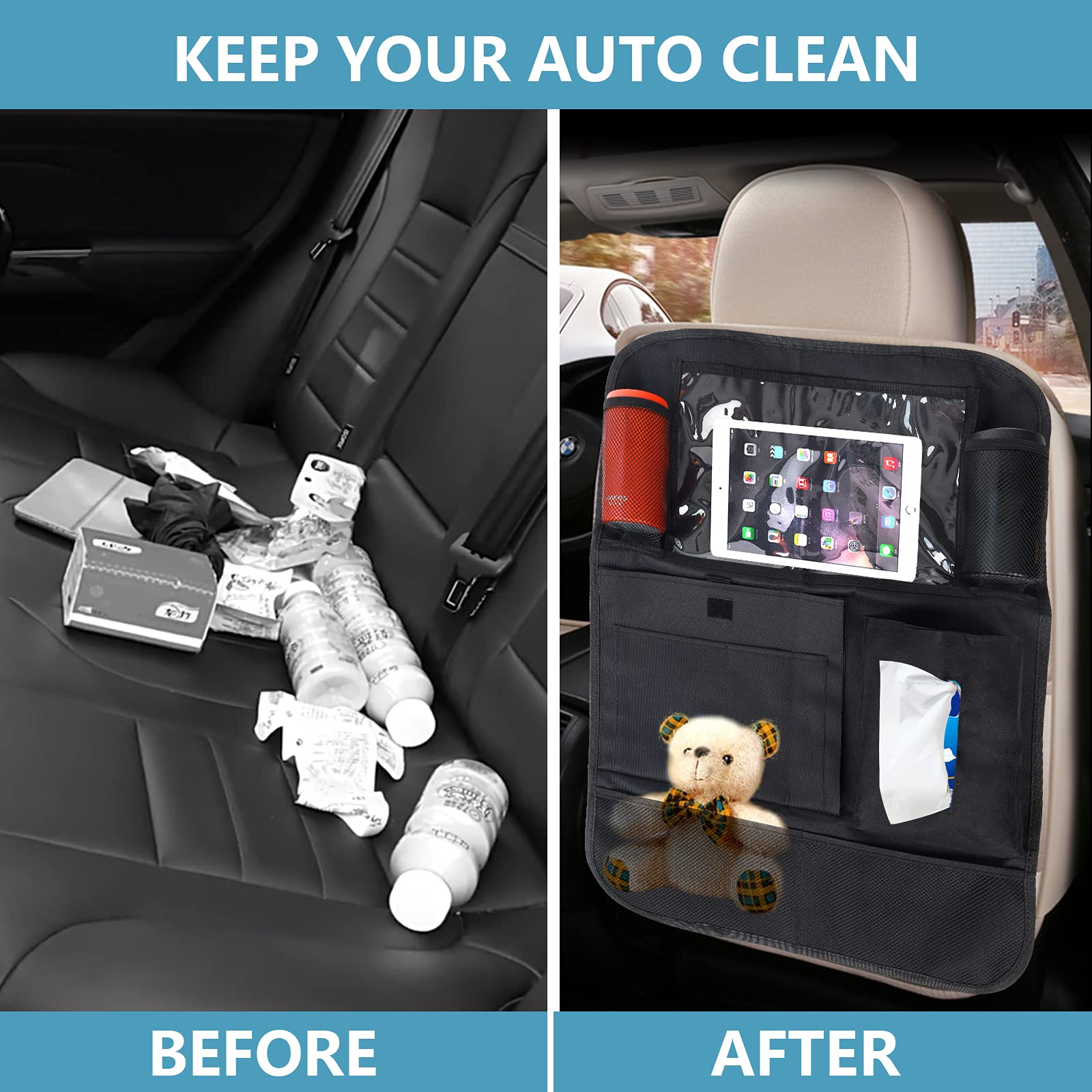 Car Seat Protector for Child Car Seat + Car Organizer Back Seat 4 Pack Kick Mat Car Seat Cover for Baby Carseat Waterproof for Leather CarSeats