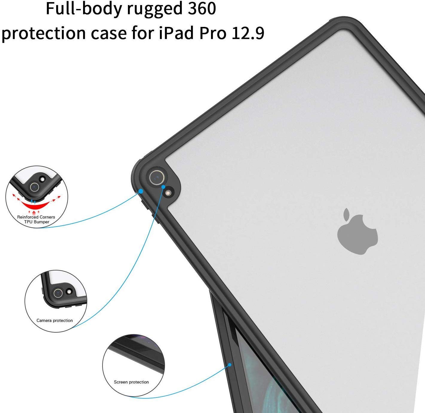 AICase IPad Pro 12.9 Inch Waterproof Cases,IP68 360 Degree Slim Dual Layer Armor Defender Shockproof Protective Case with Lanyard for iPad Pro 12.9" 2018