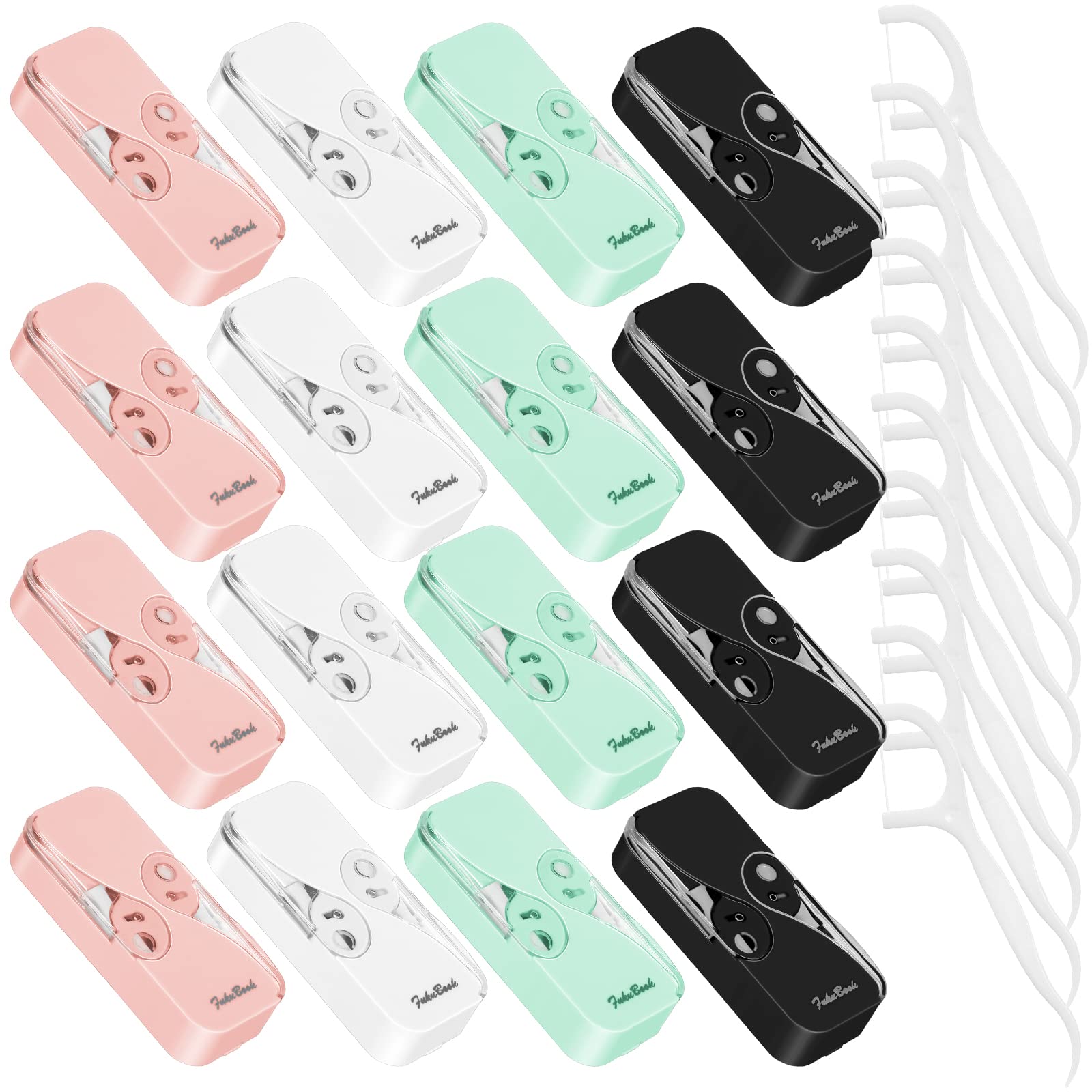 16 Pack Dental Floss Portable Case Dental Floss Dispenser Bulk with 192 Dental Floss Picks Automatic Floss Storage Box for Adults Business Trips and Travel White, Black, Green, Pink