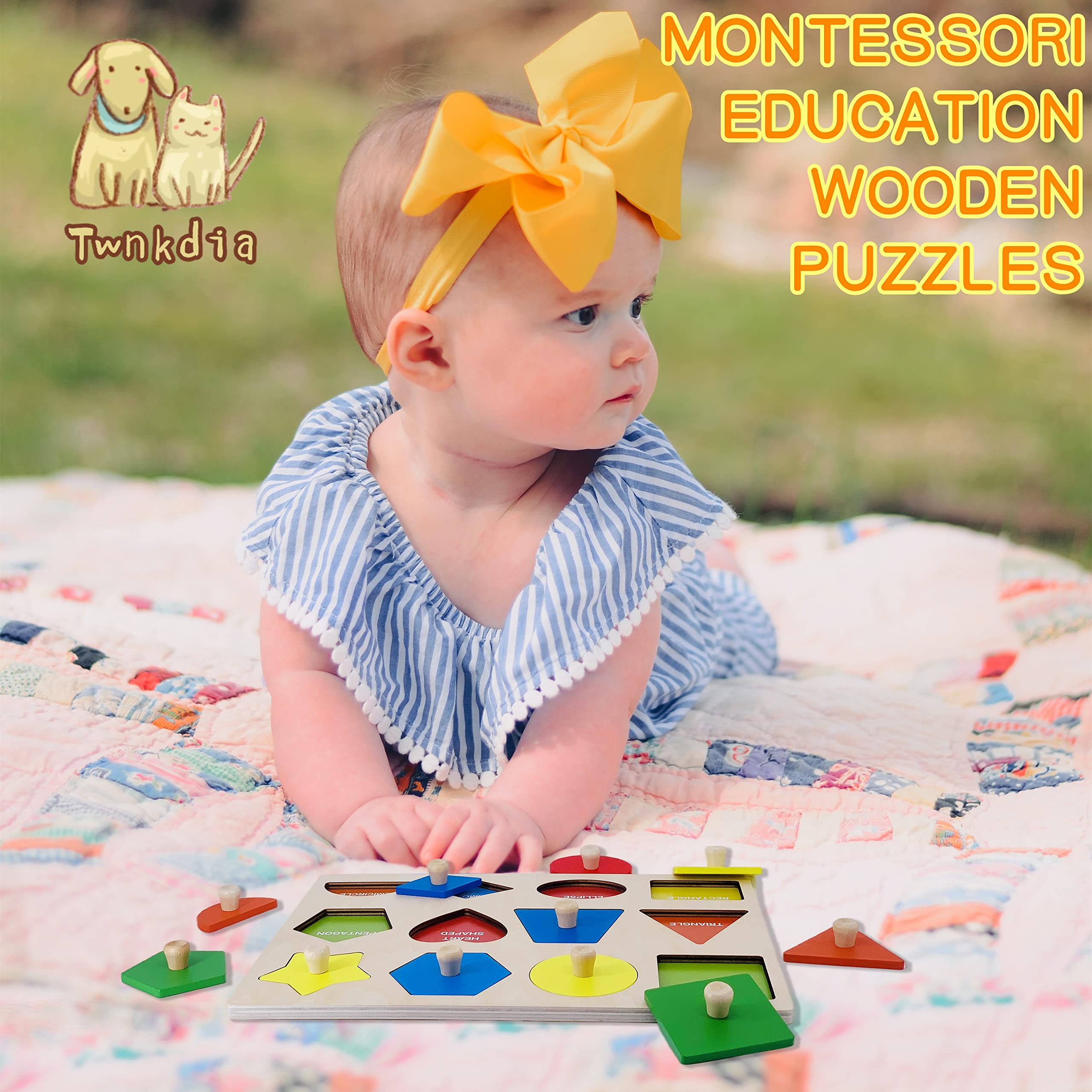 12 Block Montessori Toys,Shape Puzzles, Wooden Baby Puzzles for 1+ Year Old Toddlers or 1-3 Years Babies