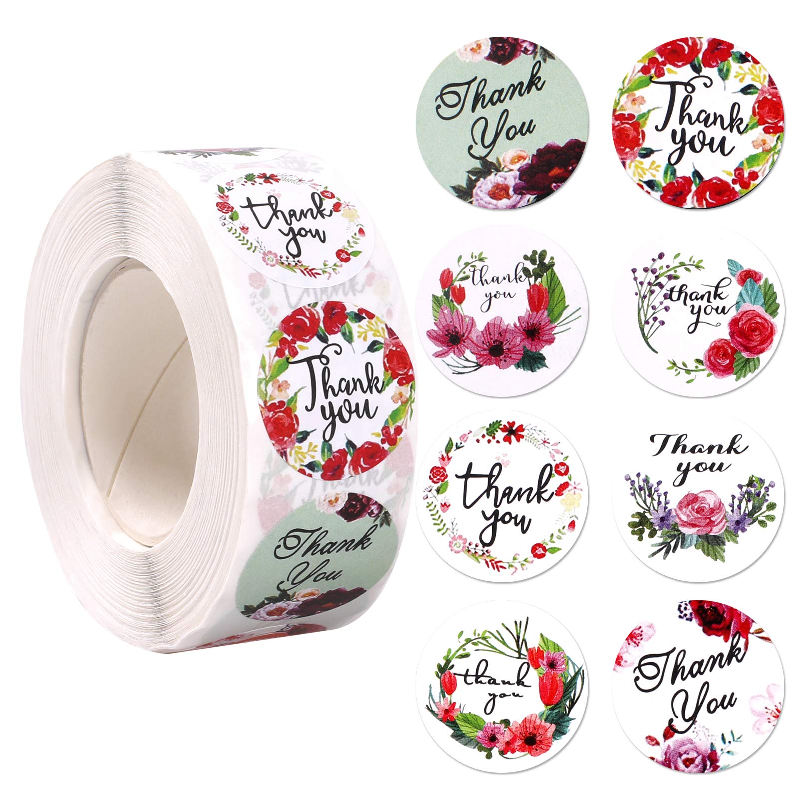 800 Pcs Round Floral Thank You Stickers Roll, 8 Different Design, 1 Inch Thank You for Your Business Stickers for Wedding, Bakeries, Handmade Goods, Small Business Owners, Party