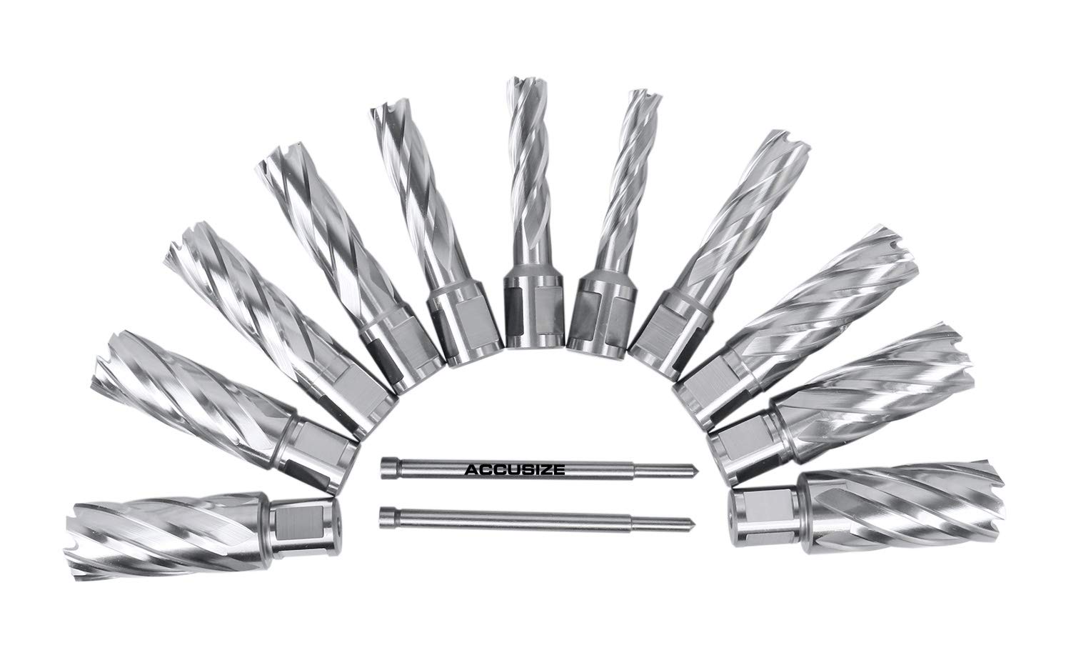 Accusize Industrial Tools 13 Pcs/Set 7/16'' to 1-1/16'' H.S.S. Annular Cutters, 2'' Cutting Depth with 2 Pilot Pins, N1