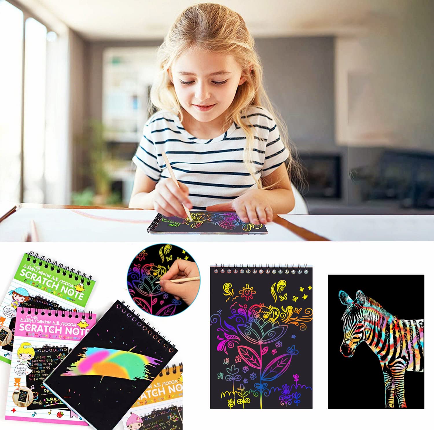 16 Pack Drawing Notebook Set, Scratch Art Paper Rainbow Mini Notes, Sketch Drawing Pad for Kids Party Favors（with 16 Wooden Stylus & 4 Drawing Stencils）