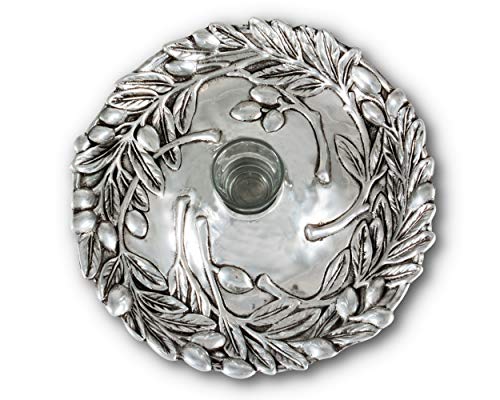 Arthur Court Aluminum Metal Olive Pattern Tidbit Cheese Hors d'oeuvres Tray with Glass for Toothpick - Outdoor Entertaining Platter Plate Aram 10.5 inch Diameter x 2 inch Tall