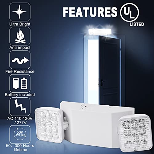 12 Pack LED Emergency Light Fixture, Commercial Emergency Lights with Battery Backup, Square Two Head Adjustable LED Emergency Light for Power Failure Business, Emergency Exit Light AC 110V-277V