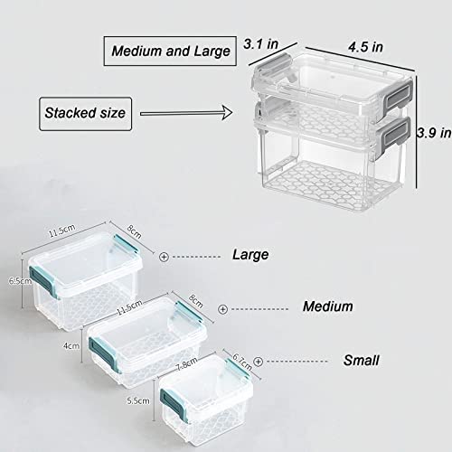 2 Pack Mini Plastic Storage Bin Organizing Container with Lids and Latching Buckles Stackable Nestable Clear Storage Containers Latching Box with Handle for Organizing, Medium and Large(Blue/Grey)